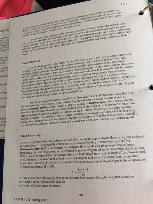 Solved Lab 9 LAB 9-Stream Flow and Floods Key Ideas Exogenic | Chegg.com