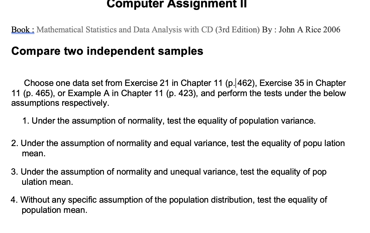 Compare two independent samples Choose one data set | Chegg.com