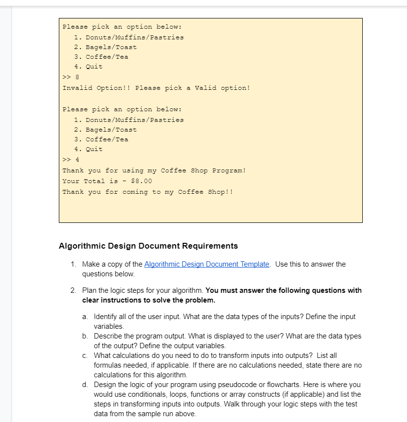 Solved Program coffee Shop - Information and Requirements | Chegg.com