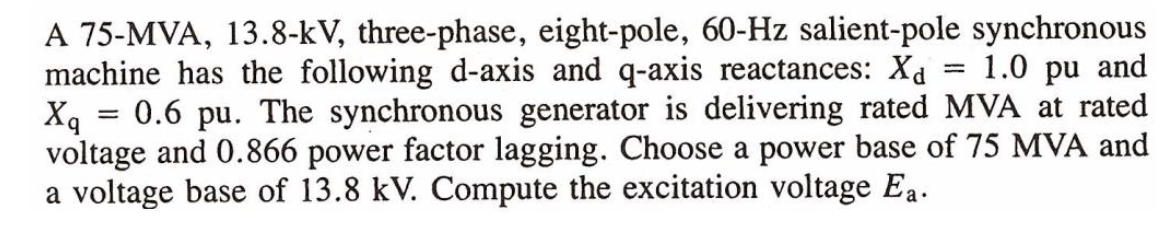 Solved A 75−MVA,13.8−kV, three-phase, eight-pole, 60−Hz | Chegg.com