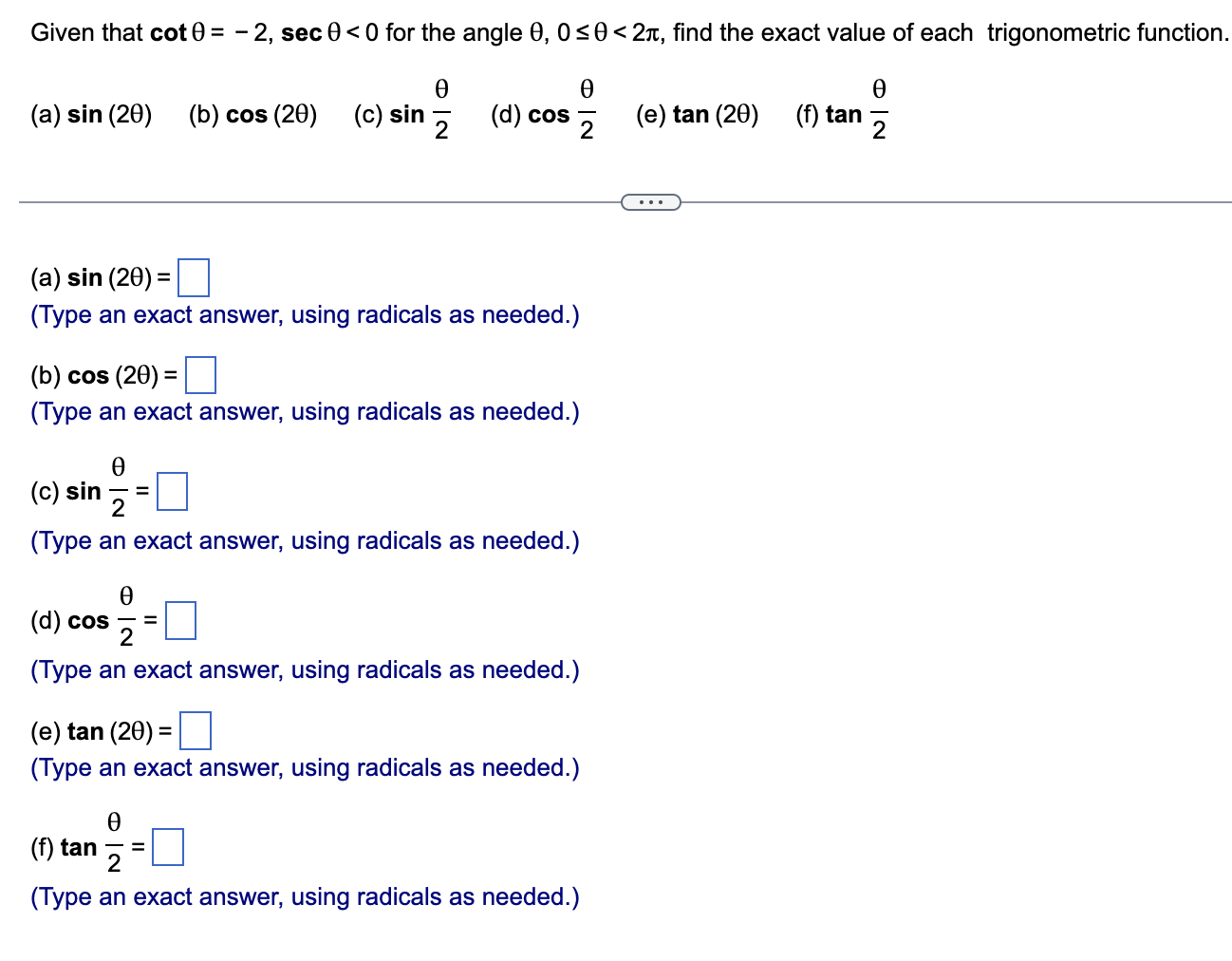 Solved Given that cotangent theta equalsminus2 , secant | Chegg.com
