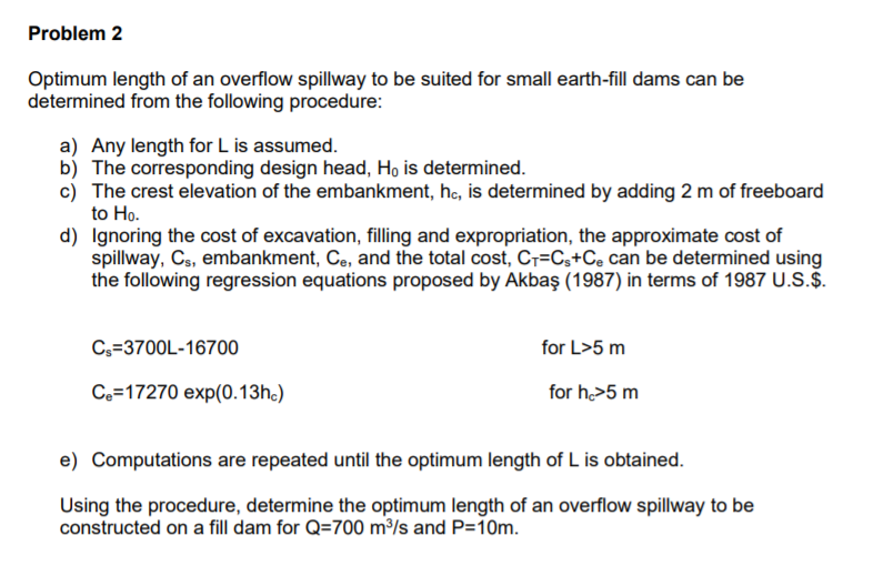 Problem 2 Optimum length of an overflow spillway to | Chegg.com