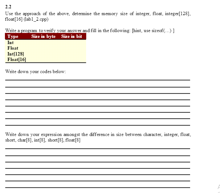 Solved //Determine the memory size of declaration and | Chegg.com