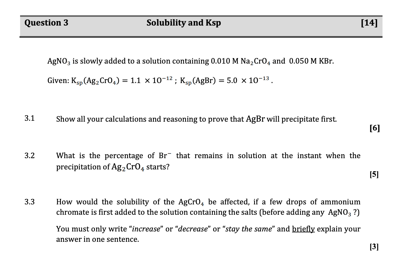 Solved Question 3 Solubility and Ksp [14] AgNO3 is slowly | Chegg.com