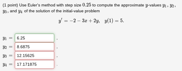 Solved (1 point) Use Euler's method with step size 0.25 to | Chegg.com