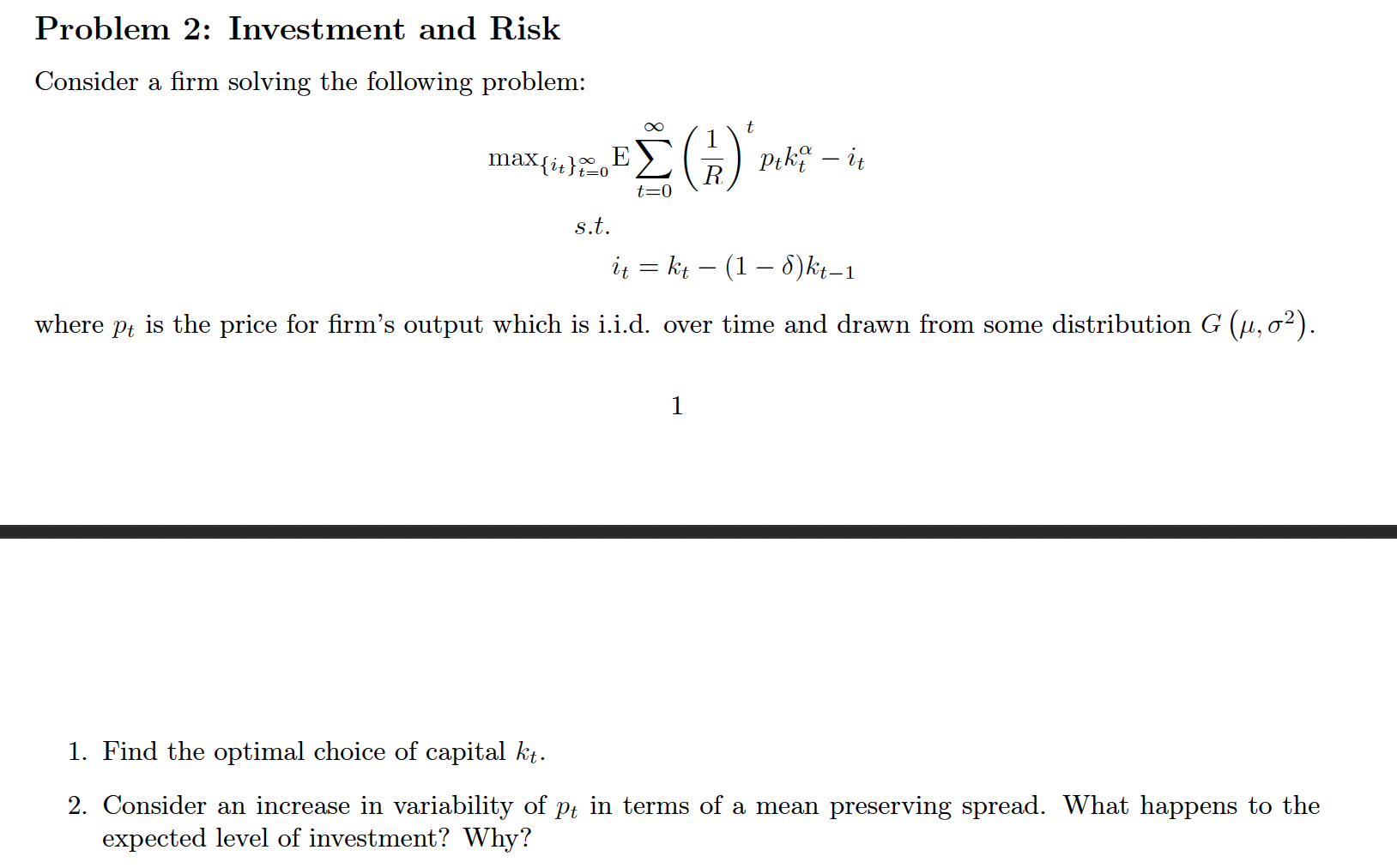 Solved Problem 2: Investment and Risk Consider a firm | Chegg.com