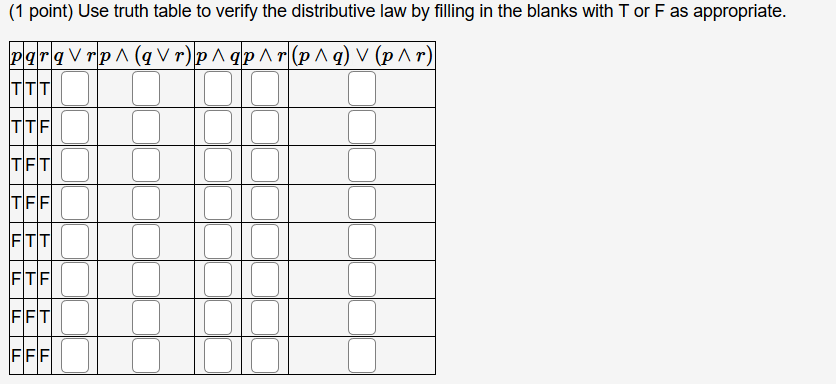 Solved (1 point) Use truth table to verify the distributive | Chegg.com