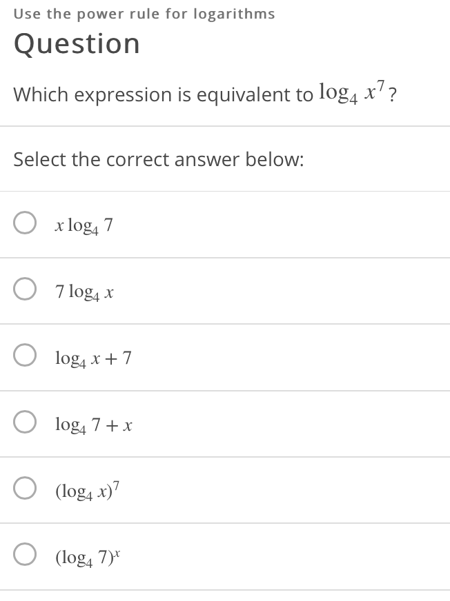 Solved Use the power rule for logarithms Question Which | Chegg.com