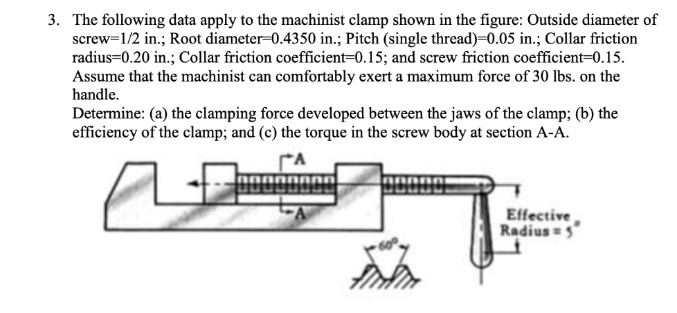 Solved 3. The following data apply to the machinist clamp | Chegg.com