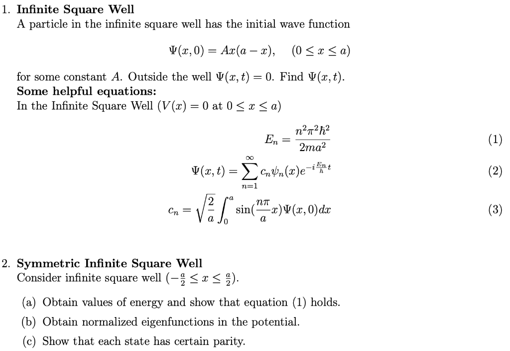Solved 1 Infinite Square Well A Particle In The Infinite 7515