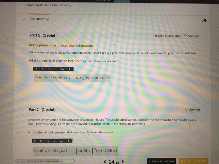 Solved Consider a pale blue solution of CuSO 2nd attempt | Chegg.com