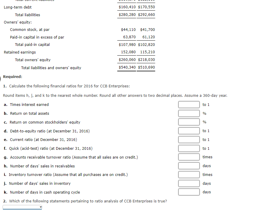Solved Basic Financial Ratios CCB Enterprises Statement of | Chegg.com