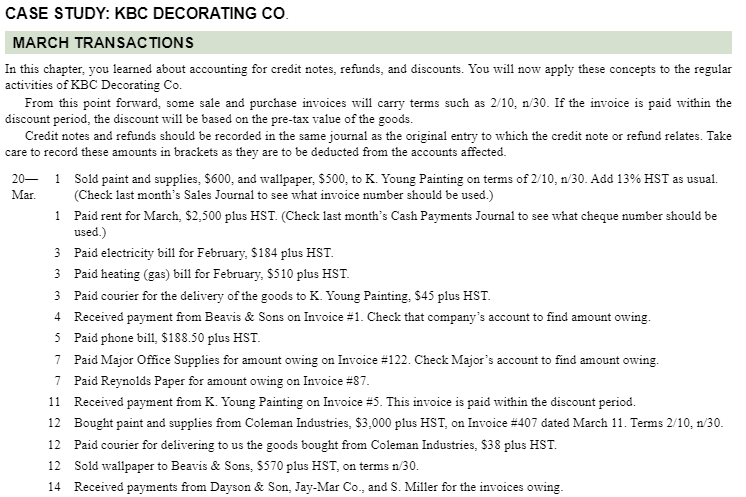 Solved Mar. CASE STUDY: KBC DECORATING CO. MARCH | Chegg.com