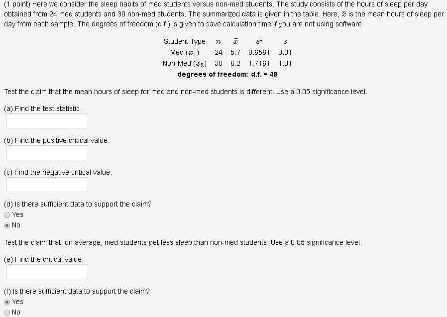Solved (1 point) Here we consider the sleep habits of med | Chegg.com