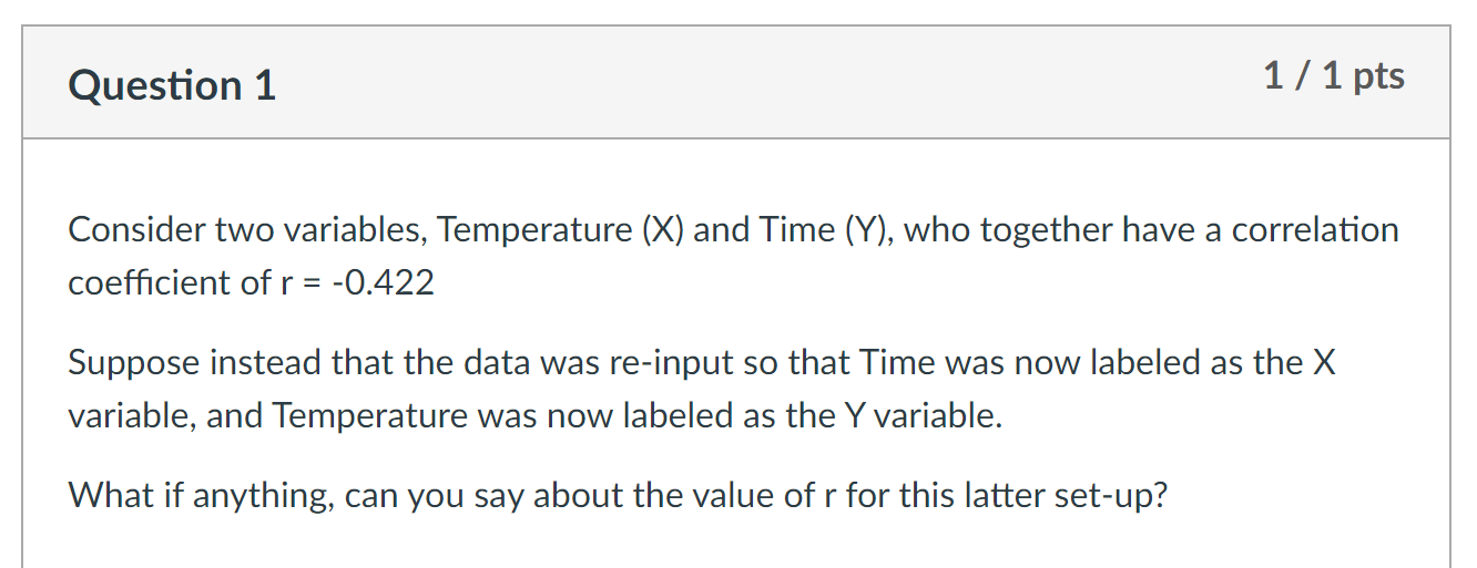 Solved Question 1 1/1 pts Consider two variables, | Chegg.com