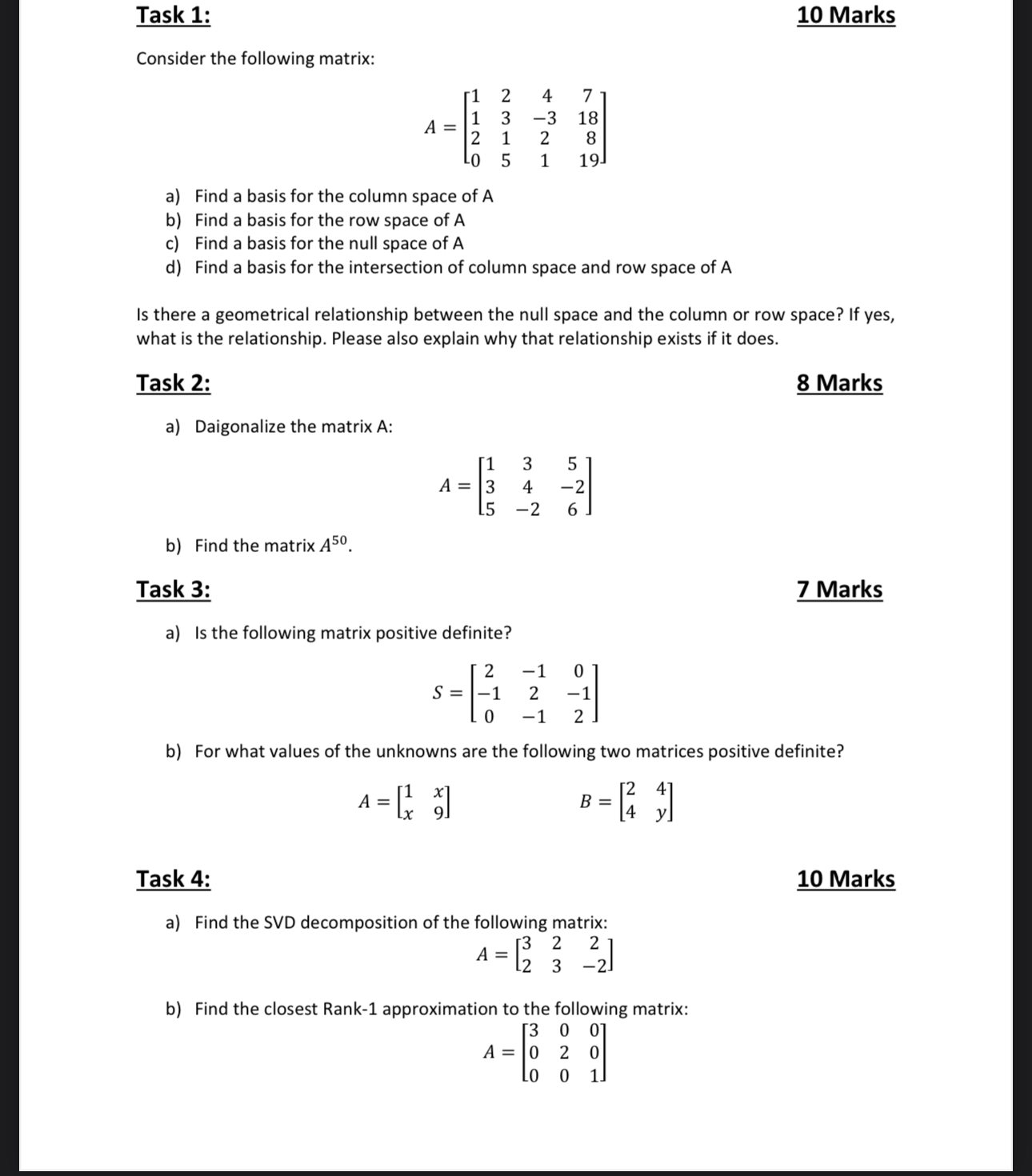 Solved Task 1 10 Marks Consider The Following Matrix 9751