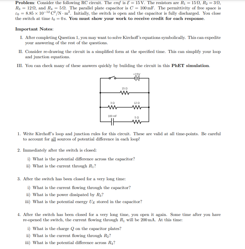 Solved Problem: Consider the following RC circuit. The emf | Chegg.com