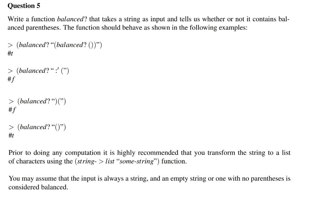 Solved Write a function balanced? that takes a string as | Chegg.com