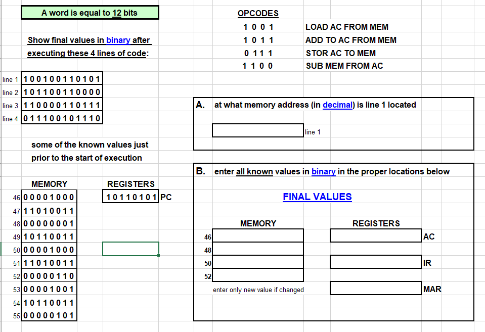 Solved A word is equal to 12 bits Show final values in | Chegg.com