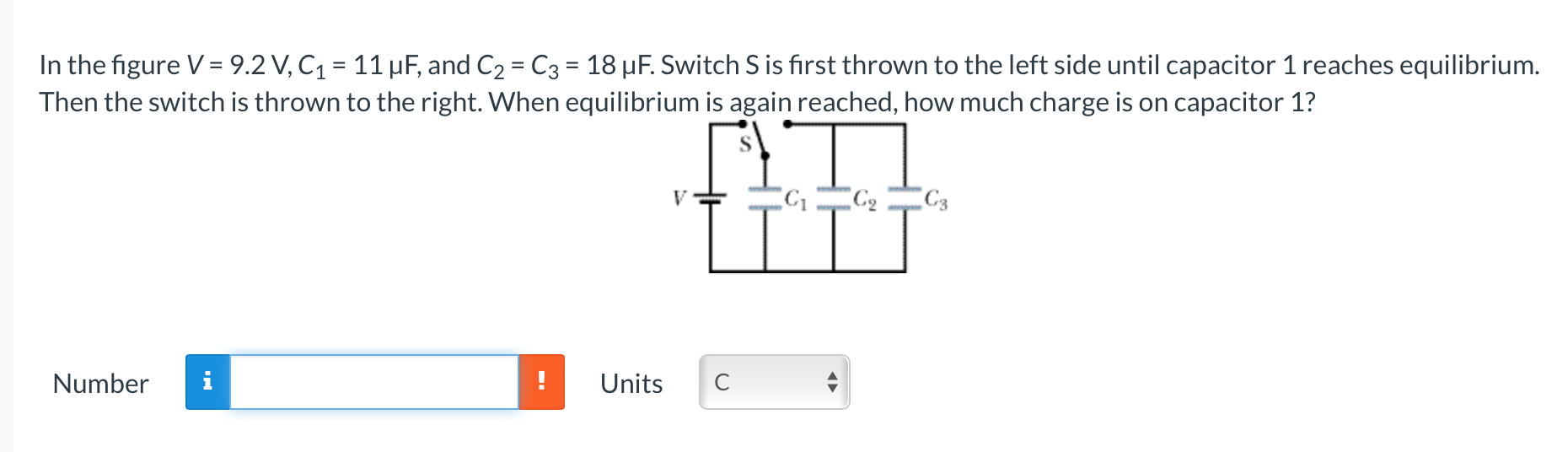 Solved In the figure V = 9.2 V, C1 = 11 uF, and C2 = C3 = 18 | Chegg.com