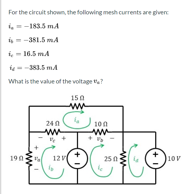 Solved For the circuit shown, the following mesh currents | Chegg.com