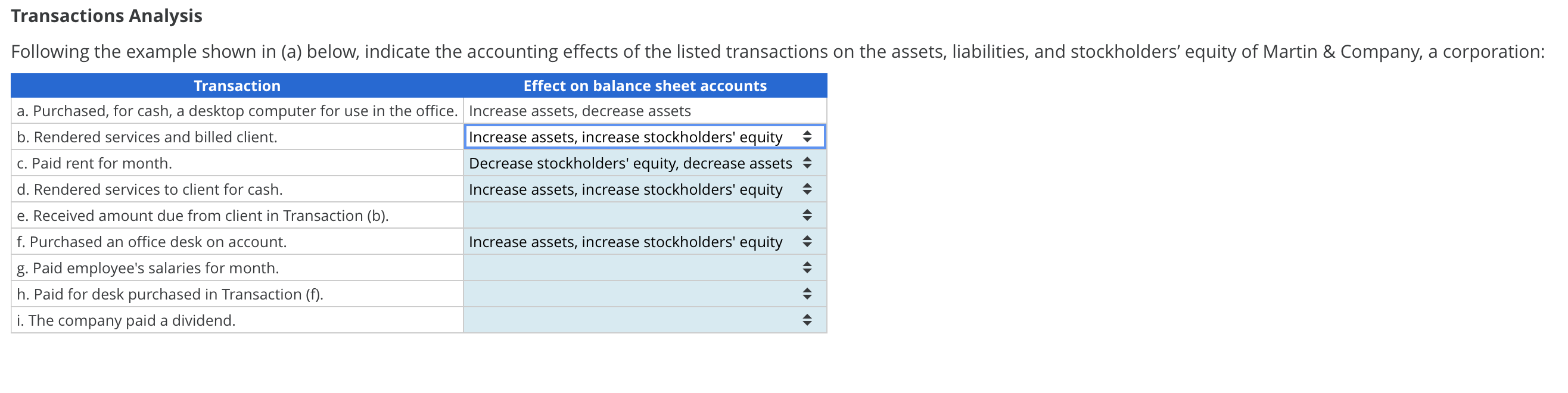 Solved Transactions Analysis Following the example shown in | Chegg.com