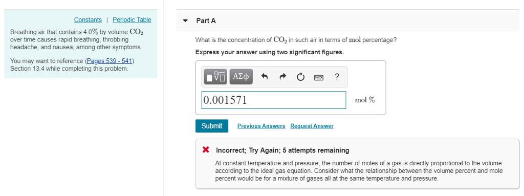 Solved Part A Breathing air that contains 4.0% by volume CO2 | Chegg.com