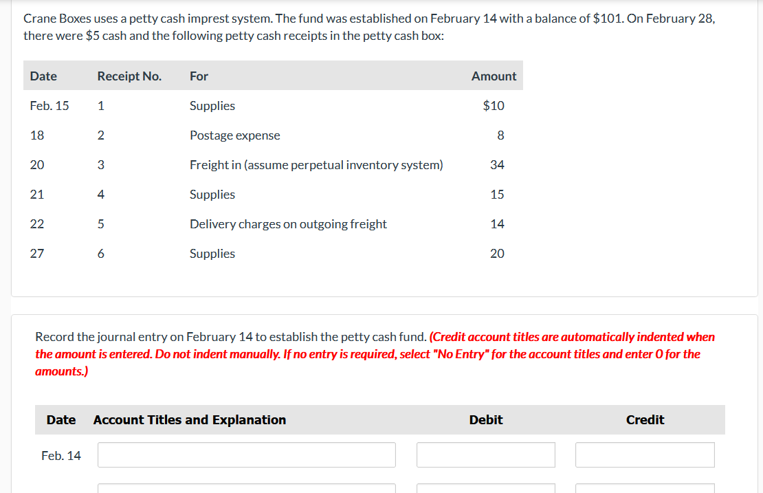 Solved Crane Boxes uses a petty cash imprest system. The | Chegg.com