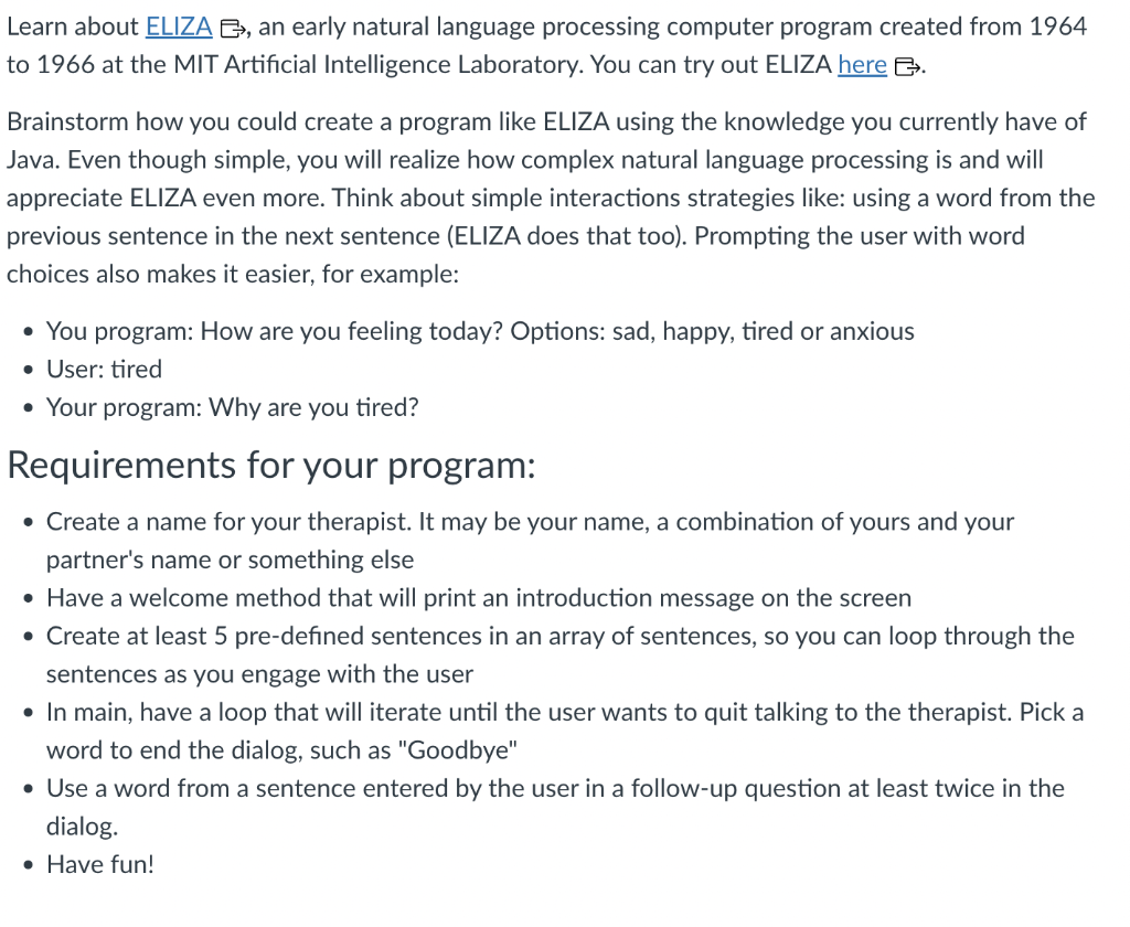 Solved Learn about ELIZA G, an early natural language | Chegg.com