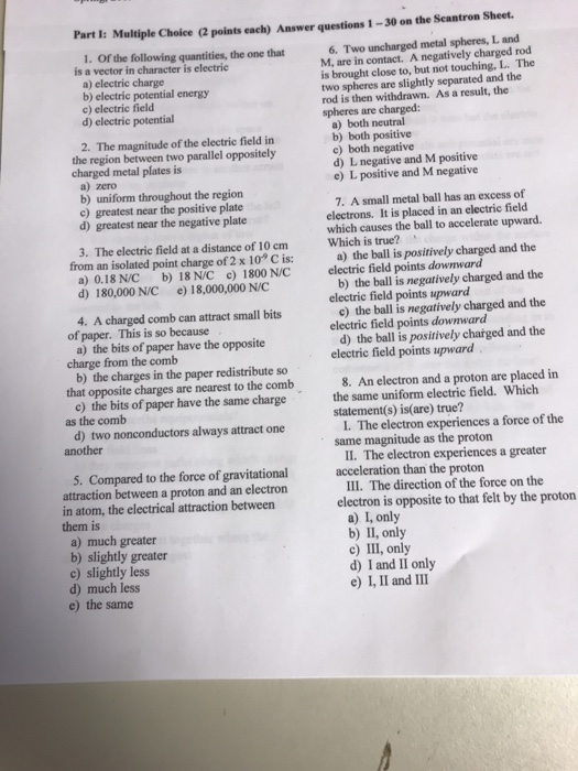 Solved Part I: Multiple Choice (2 points each) Answer | Chegg.com