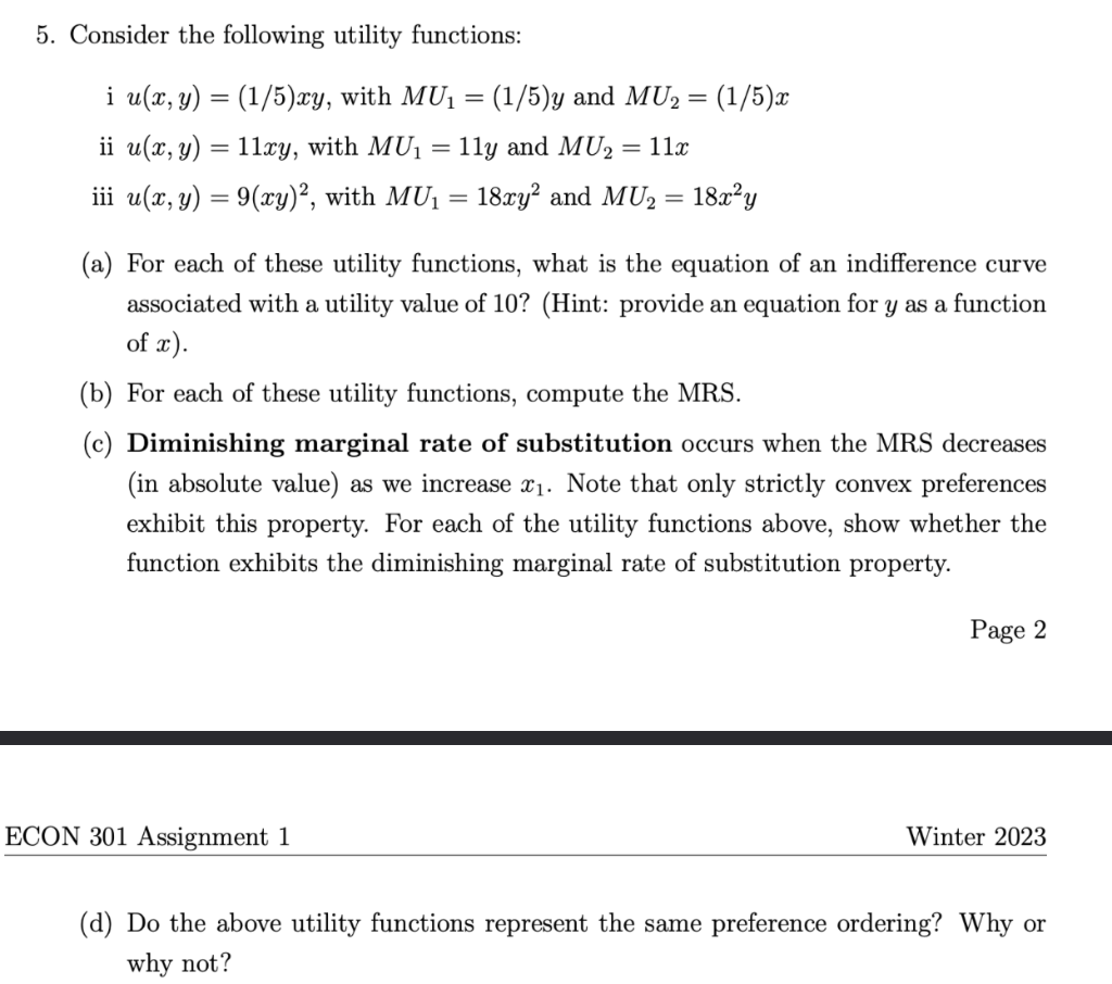 Solved Consider the following utility functions: i | Chegg.com