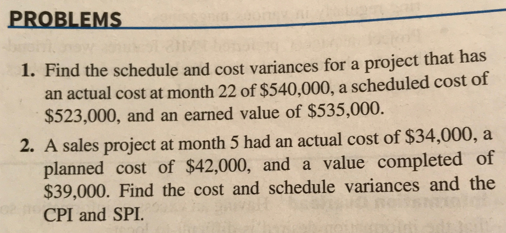 Solved PROBLEMS 1. Find the schedule and cost variances for | Chegg.com