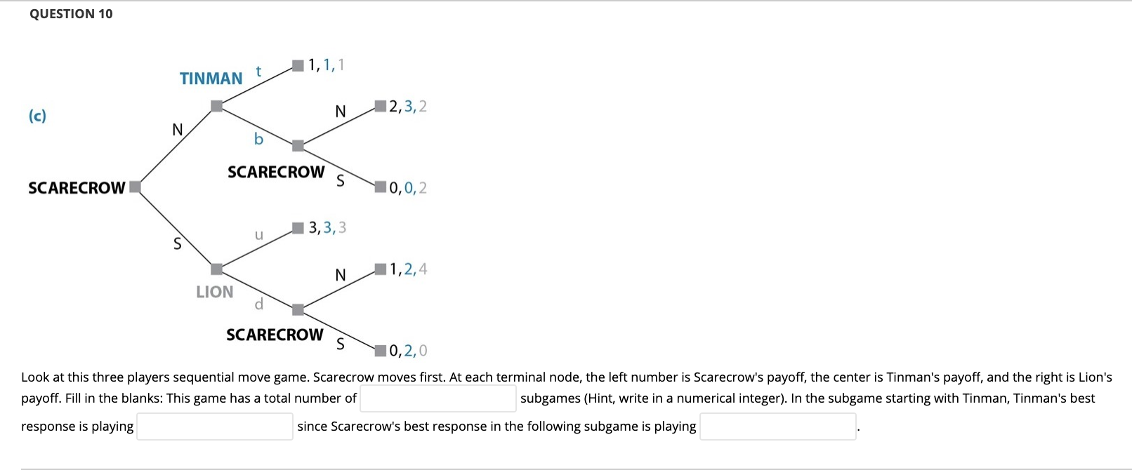 Solved QUESTION 10 1,1,1 t TINMAN (c) N 12,3,2 N SCARECROW | Chegg.com