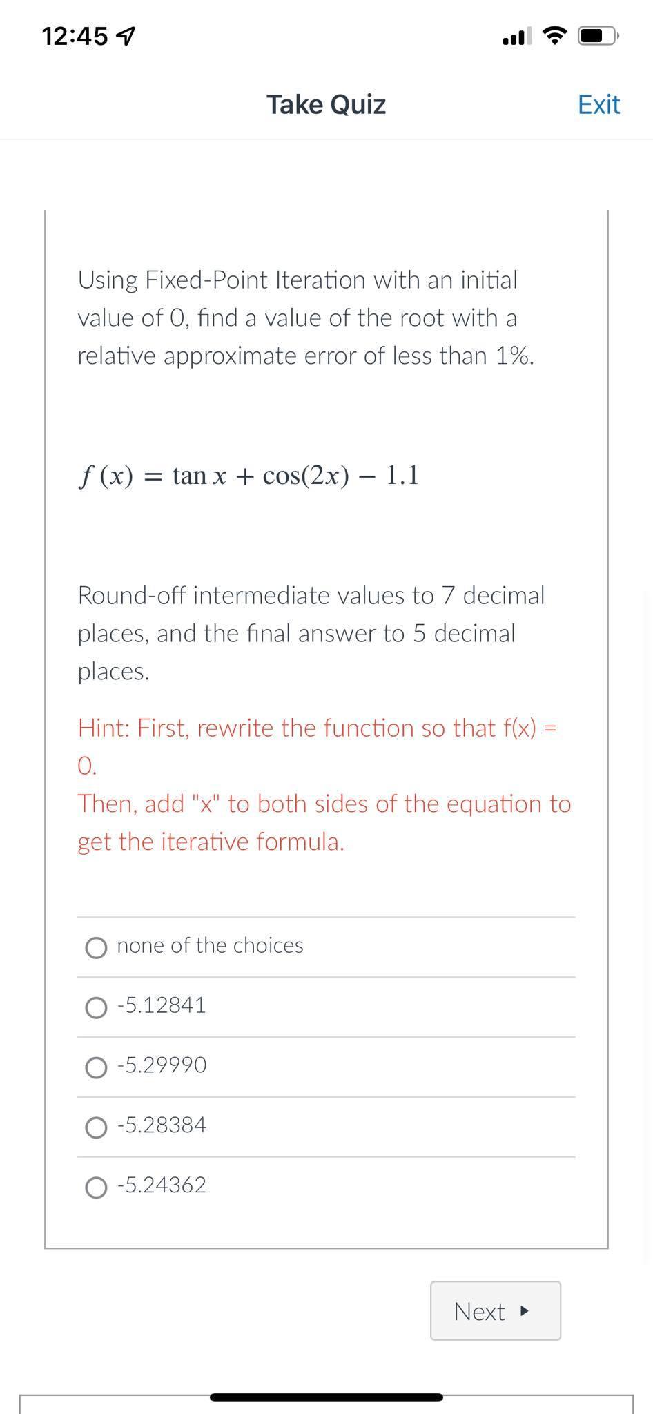 Solved 12:45 7 .. Take Quiz Exit Using Fixed-Point Iteration | Chegg.com