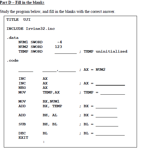 Solved Part D - Fill in the blanks Study the program below, | Chegg.com