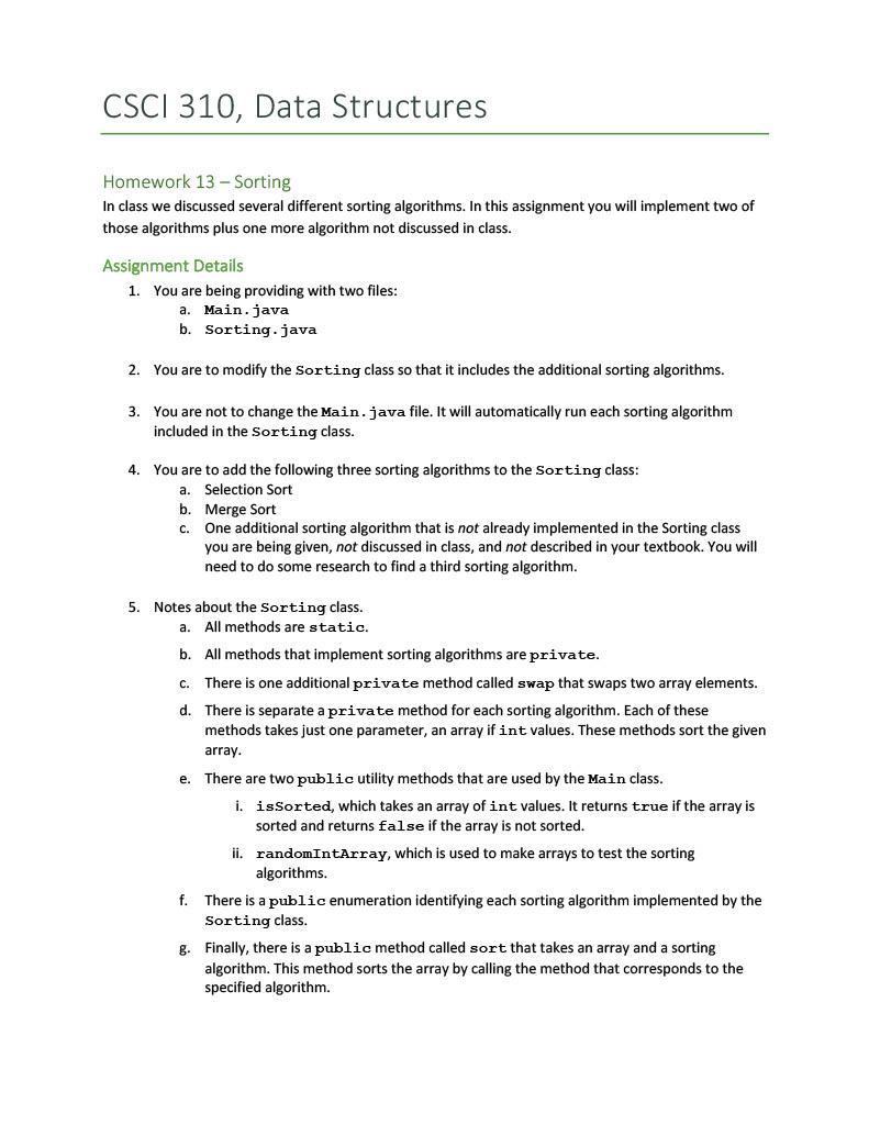 Solved CSCI 310, Data Structures Homework 13 - Sorting In | Chegg.com