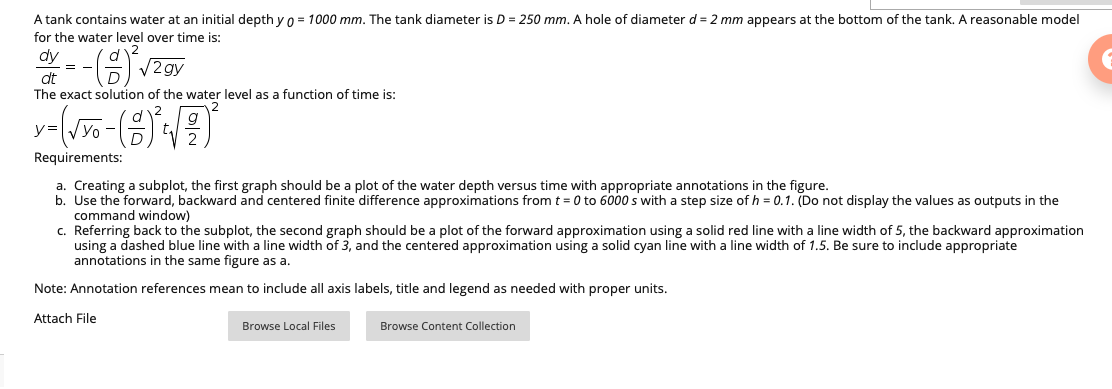 Solved A tank contains water at an initial depth yo = 1000 | Chegg.com