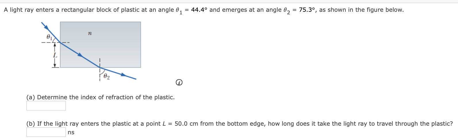 Solved A light ray enters a rectangular block of plastic at | Chegg.com