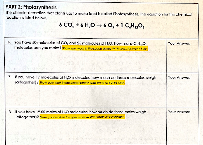 Solved PART 2: Photosynthesis The chemical reaction that | Chegg.com