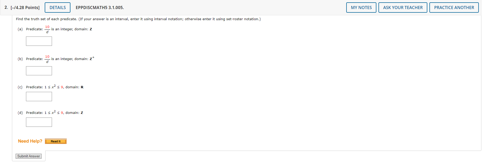 Find the truth set of each predicate. (If your answer | Chegg.com