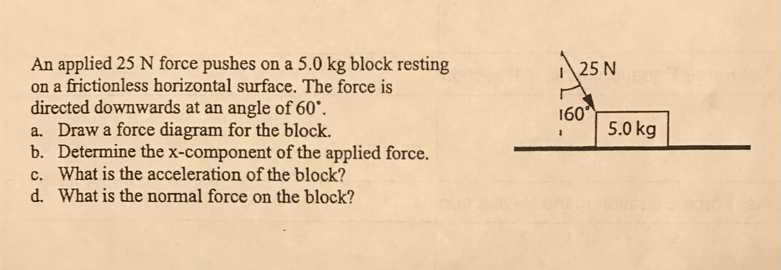 Solved An applied 25 N force pushes on a 5.0 kg block | Chegg.com