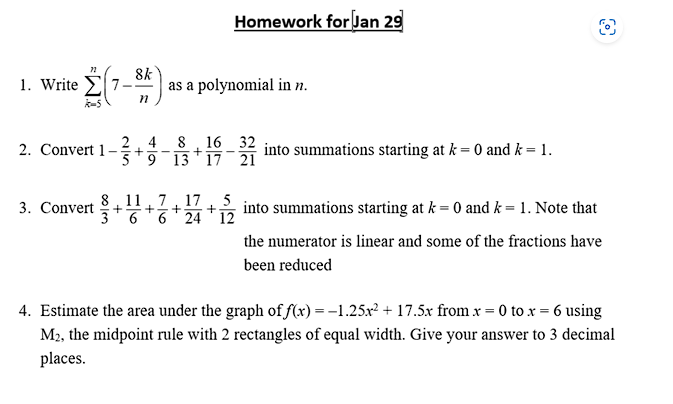Solved Homework for [Jan 29Write ∑k=5n(7-8kn) ﻿as a | Chegg.com
