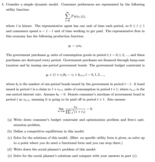 Consider a simple dynamic model. Consumer preferences | Chegg.com