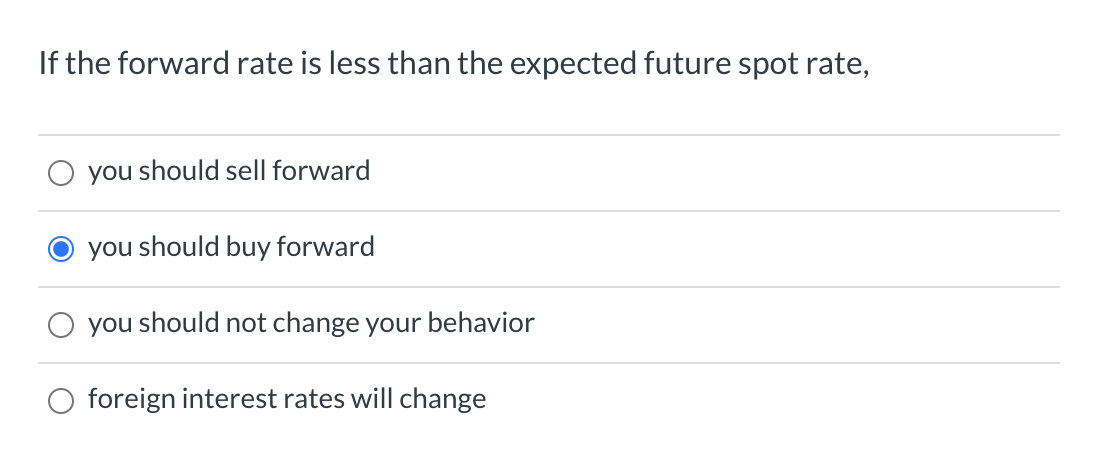 Solved If the forward rate is less than the expected future | Chegg.com