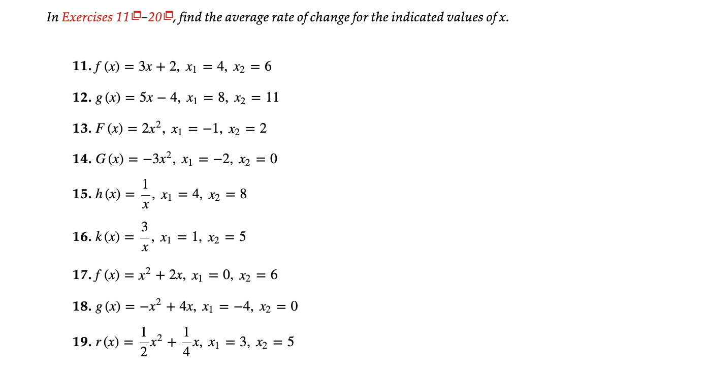 Solved In Exercises 11 −20 , find the average rate of change | Chegg.com