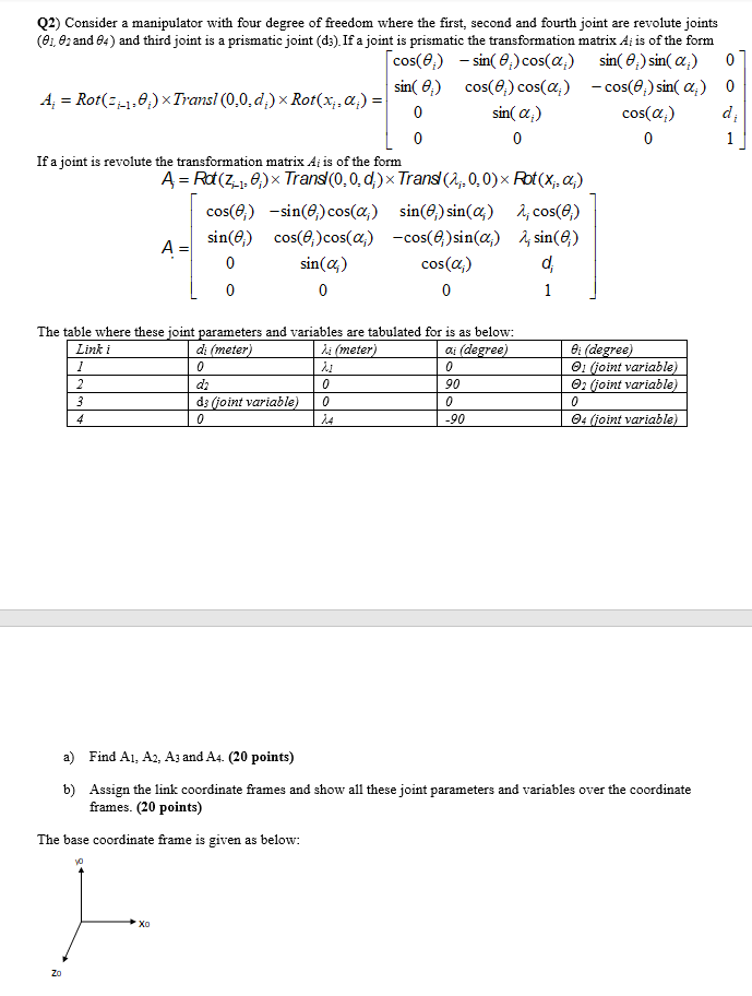 Solved 0 Q2) Consider a manipulator with four degree of | Chegg.com