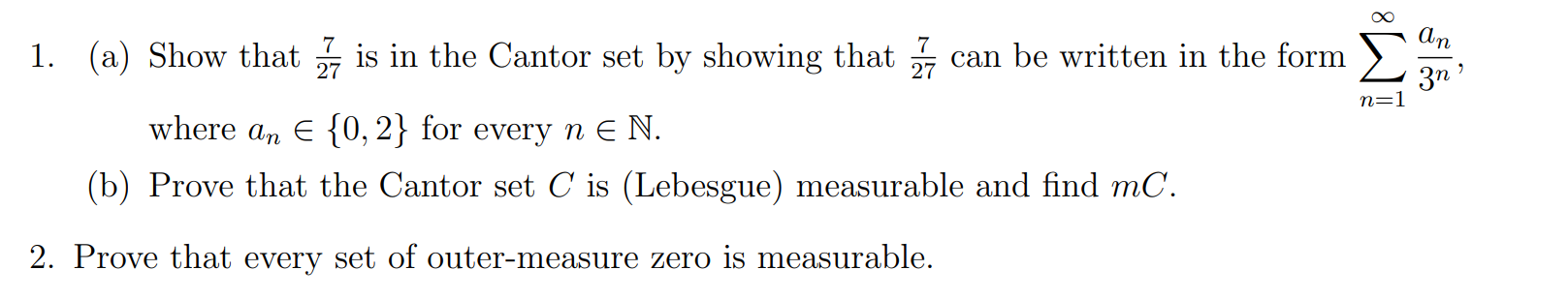 Solved 1. (a) Show that 277 is in the Cantor set by showing | Chegg.com