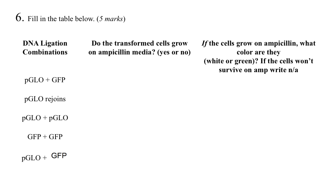 Solved 6. ﻿Fill in the table below. (5 ﻿marks)DNA | Chegg.com