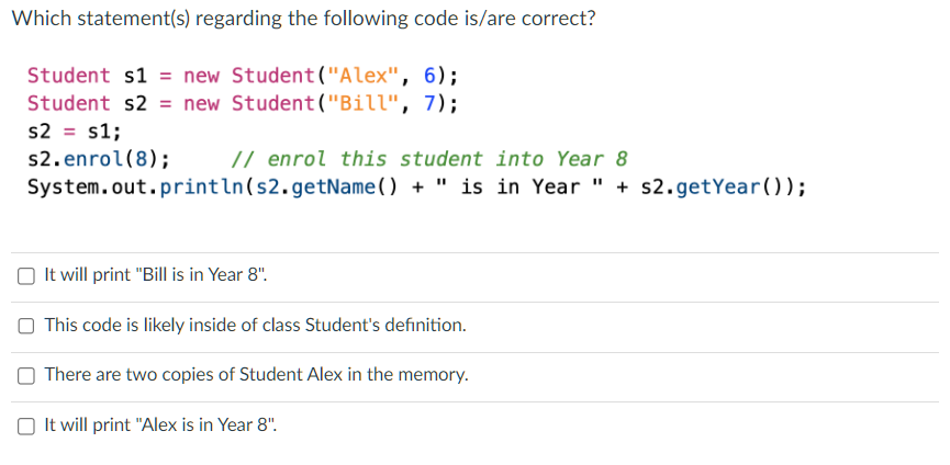 Solved Which statement(s) regarding the following code | Chegg.com
