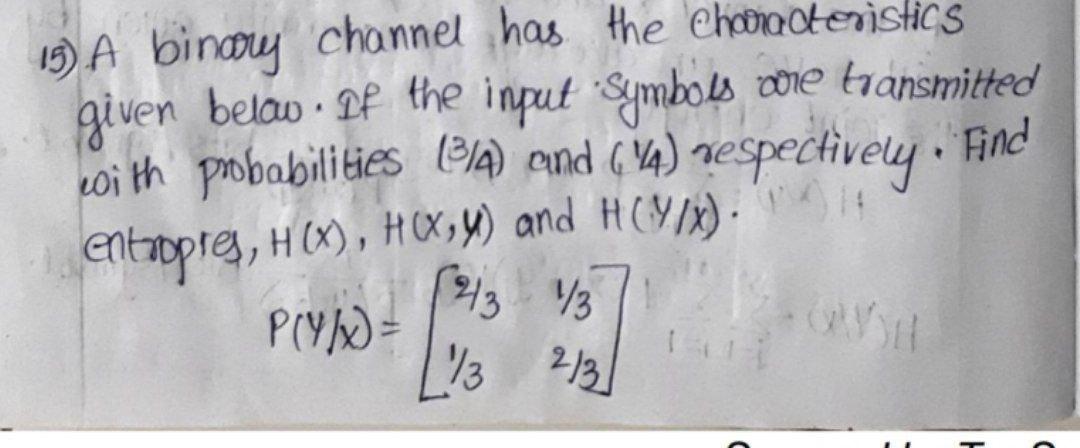 Solved 15) A binary channel has the characteristics given | Chegg.com